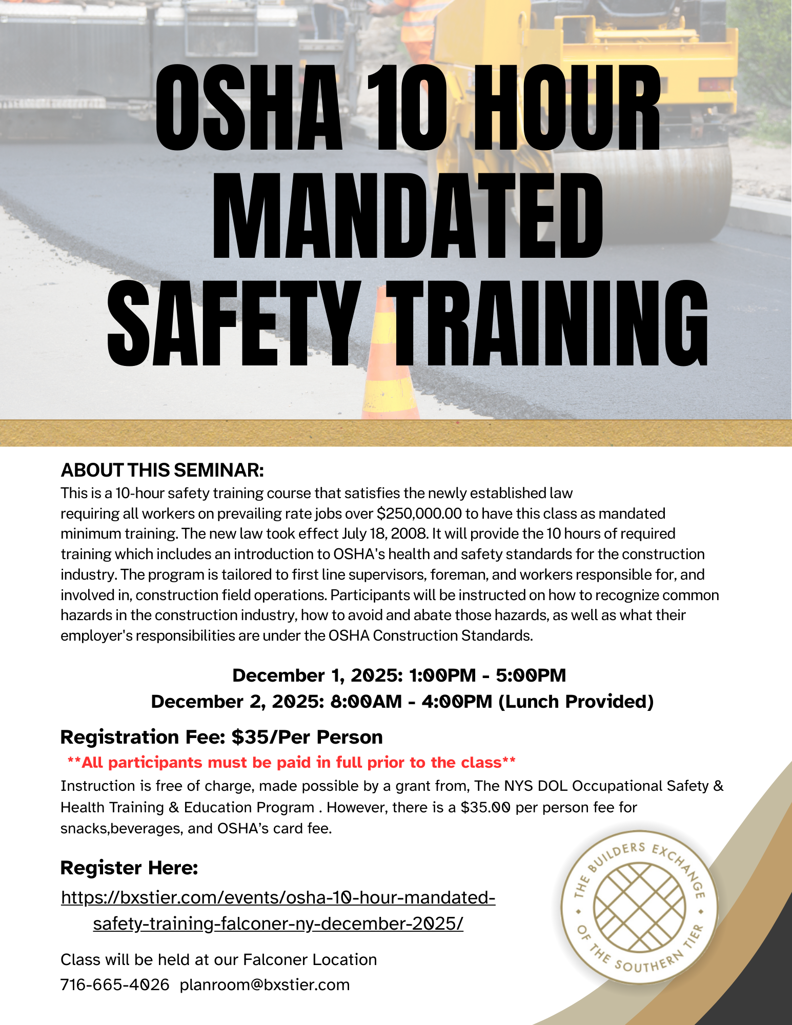 OSHA 10-Hour Mandated Safety Training, Falconer, NY | Builders Exchange ...
